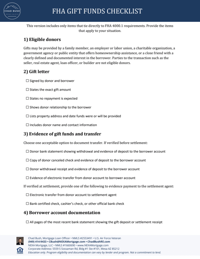 FHA Gift Funds Checklist - Chad Bush, Mortgage Loan Officer